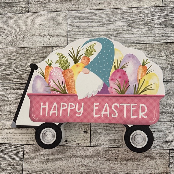 T.J.Maxx | Holiday | Happy Easter Gnome Pink Wagon Wood Sign | Poshmark